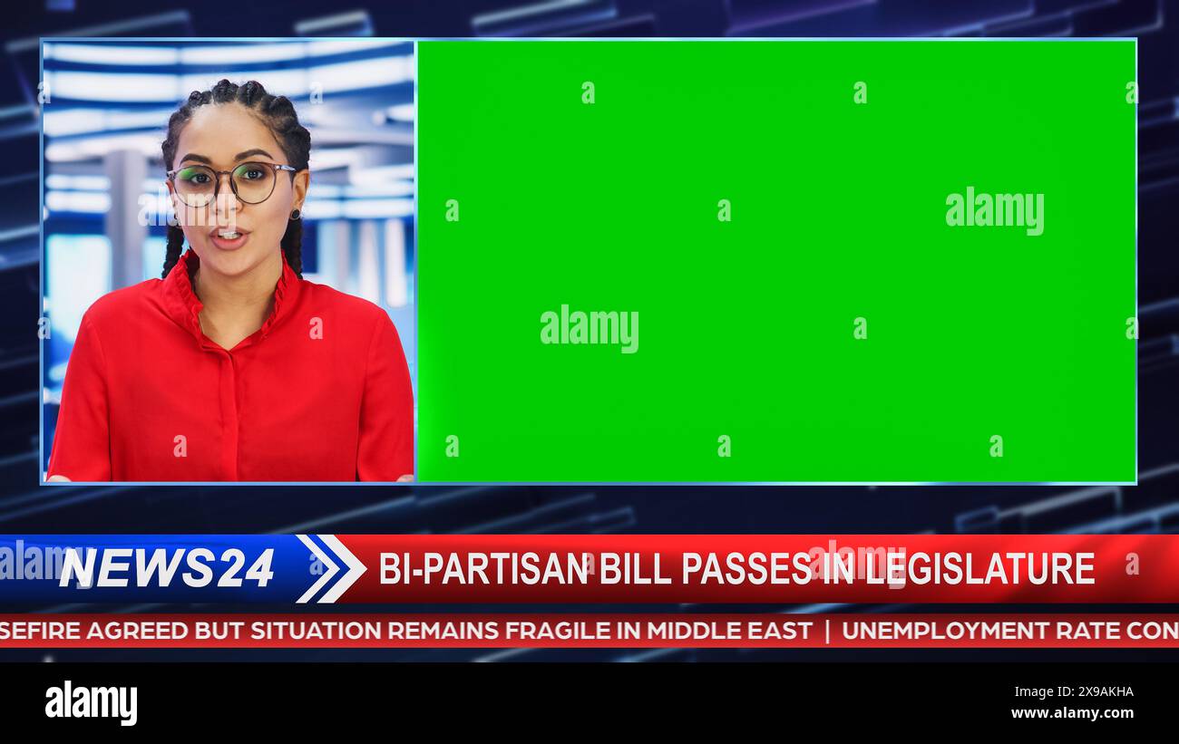 Split Screen TV News Live Report: Anchor Talks, Reporting. Reportage ...
