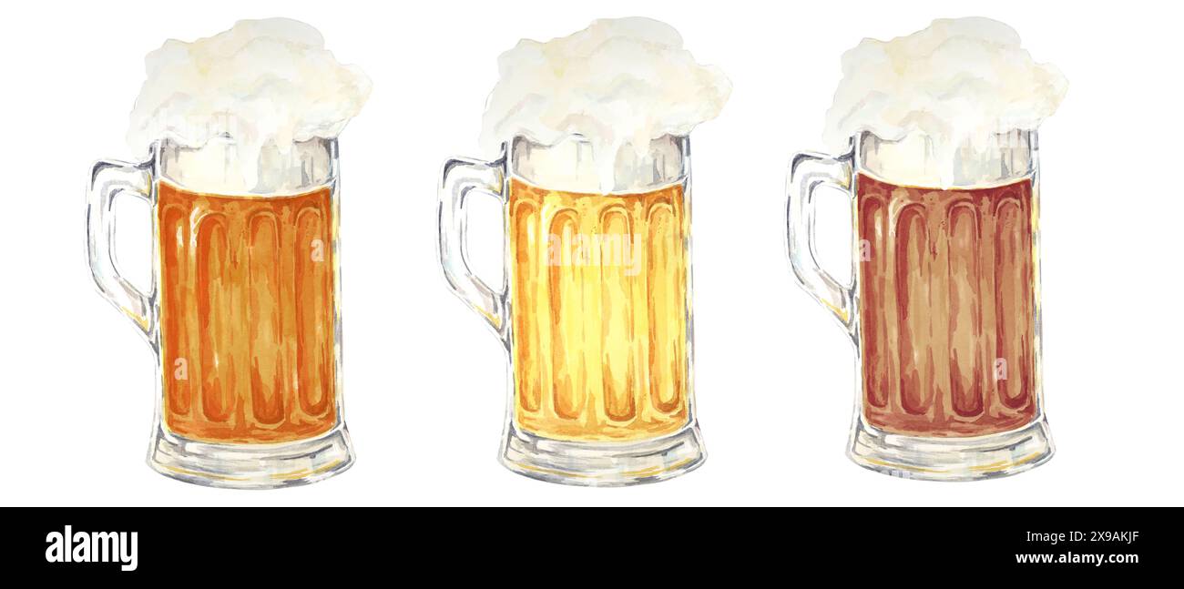 Light lager, amber ale and dark beer clipart set. Watercolor ...