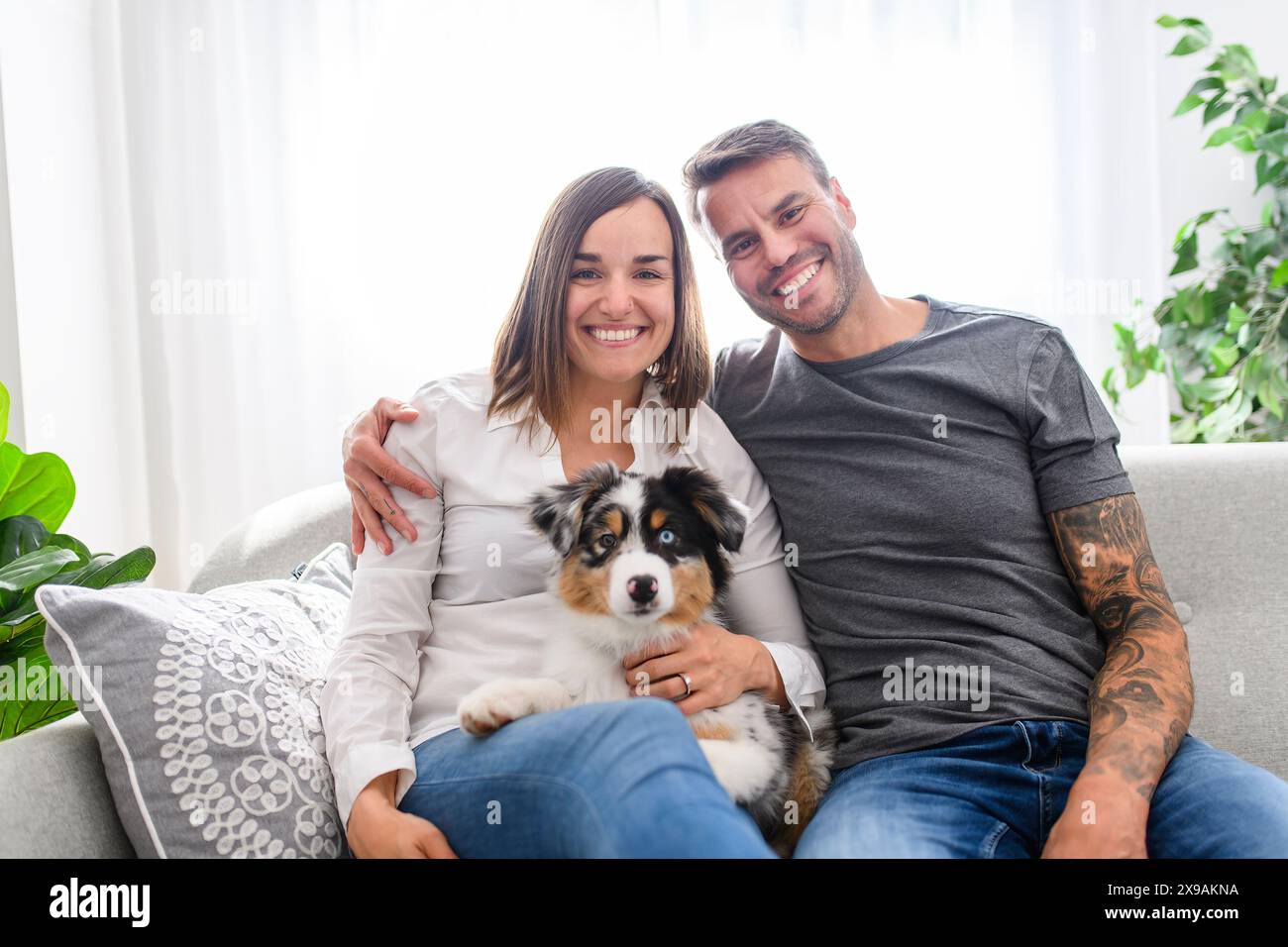 Handsome couple with her Australian Berger puppy on sofa Stock Photo ...
