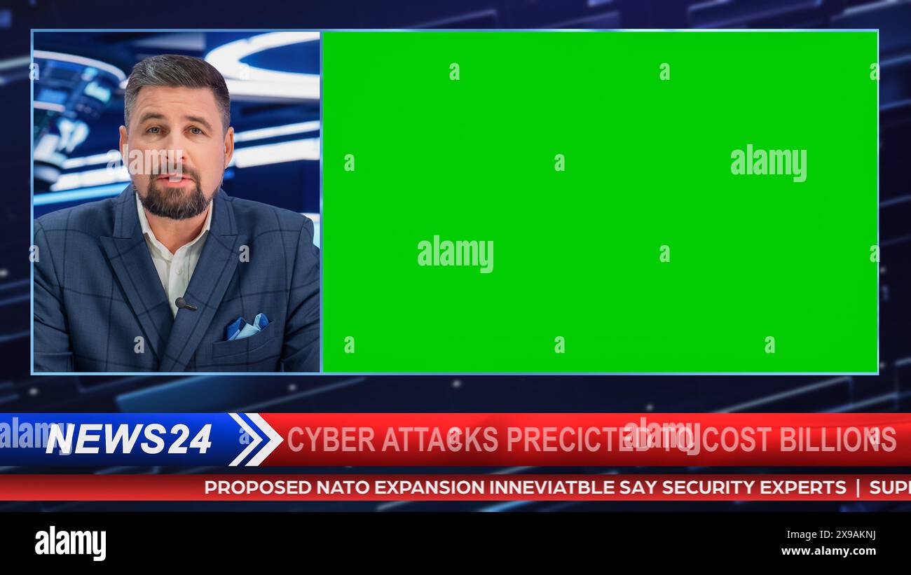 Split Screen TV News Live Report: Anchor Talks, Reporting. Reportage ...