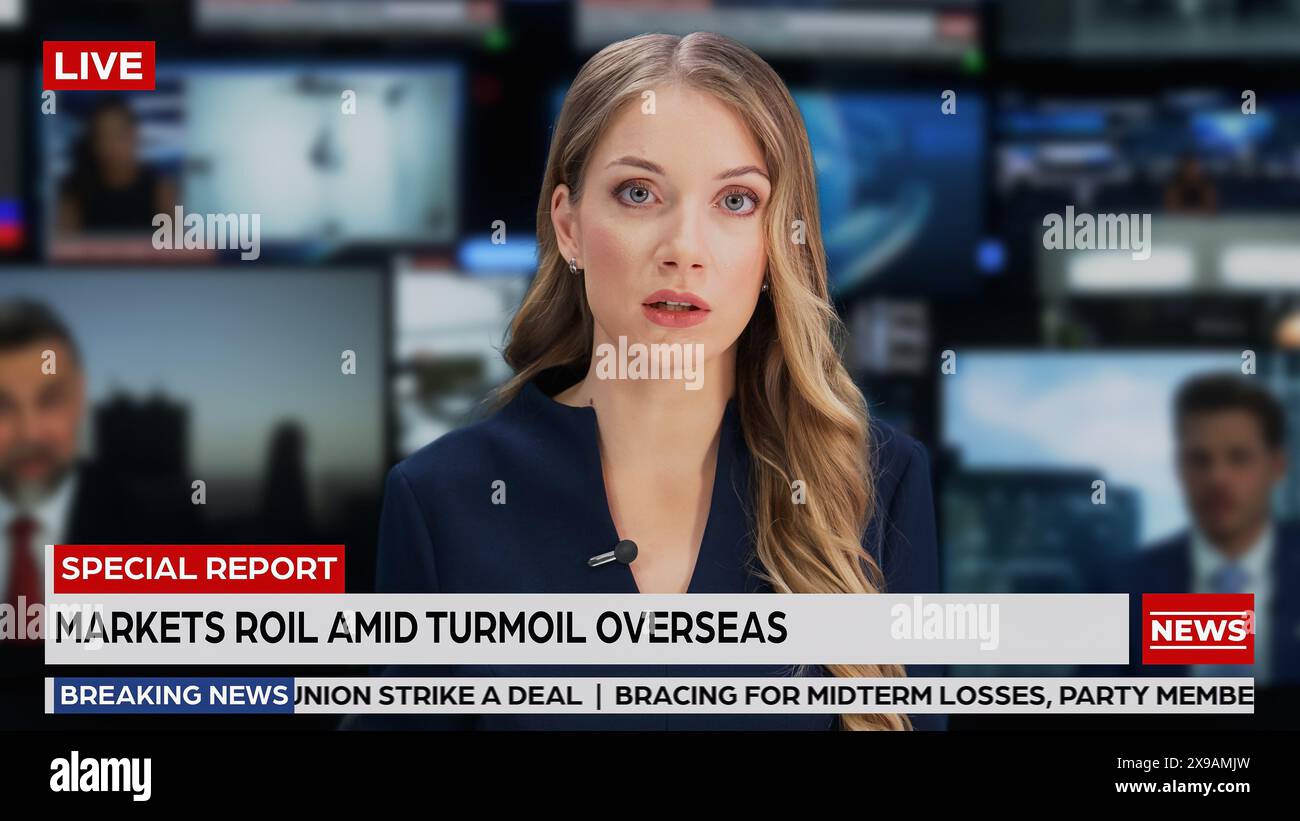 TV Live News Program with Professional Female Presenter Reporting ...