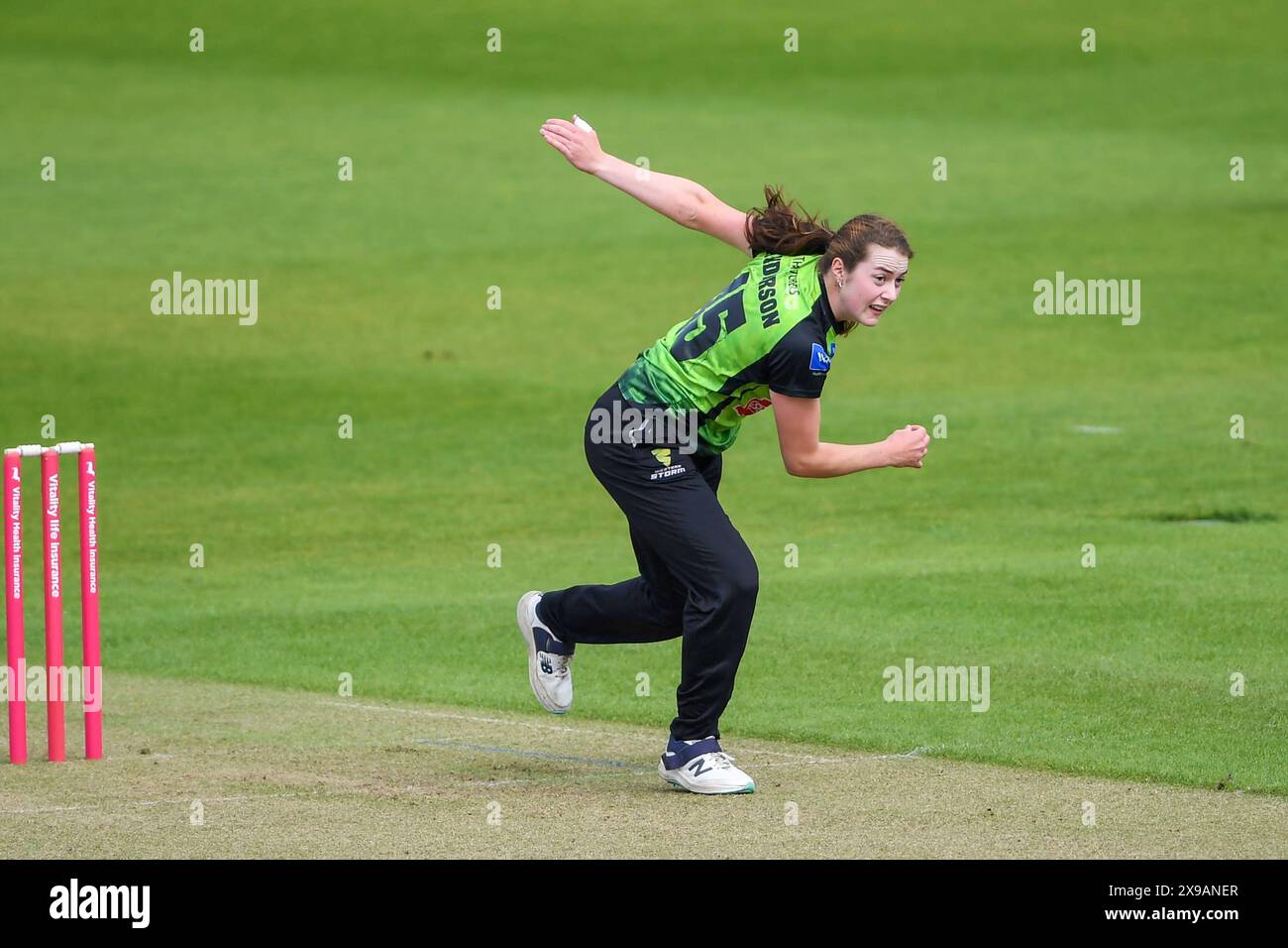 Southampton, UK. 30 May 2024. Ellie Anderson of Western Storm bowling ...