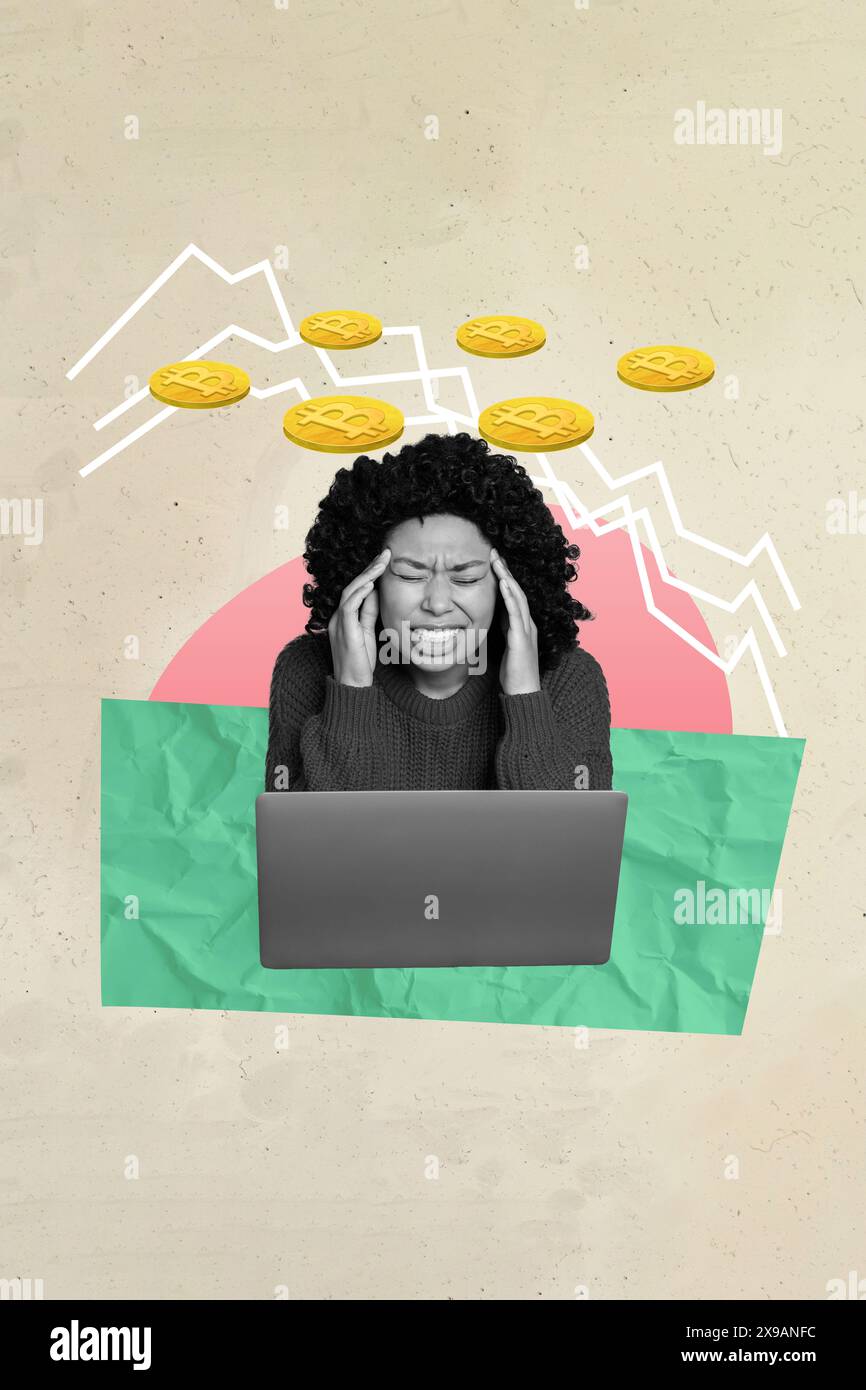 Vertical photo collage of upset stressed american girl sit macbook ...