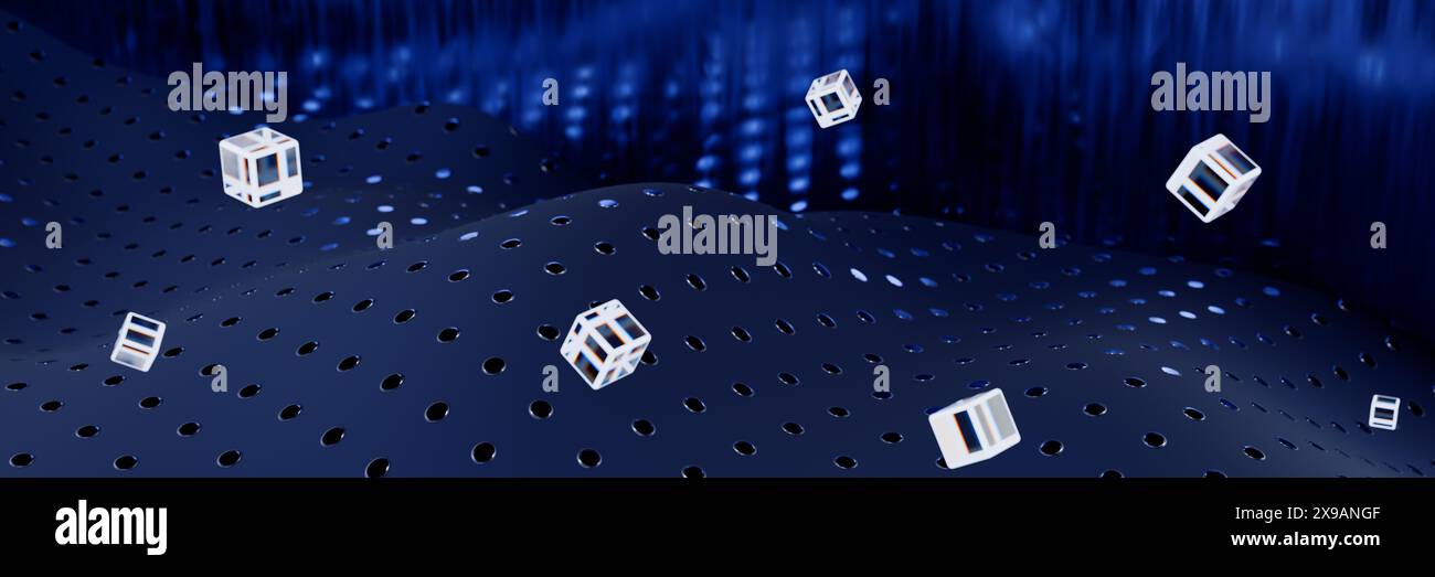 Floating cubes over a wavy perforated surface with a digital background ...