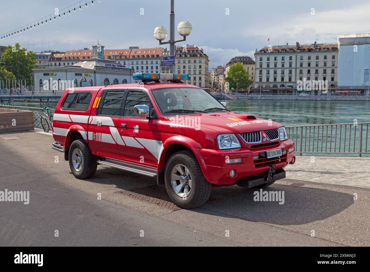 Geneva, Switzerland - June 11 2018: Fire engine of the "Sapeurs ...