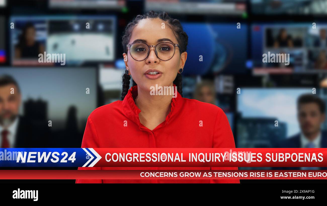 TV Live News Program with Professional Female Presenter Reporting ...