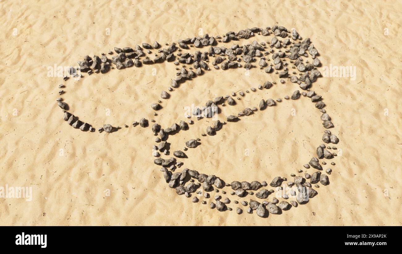 Concept conceptual stones on beach sand handmade symbol shape, golden ...
