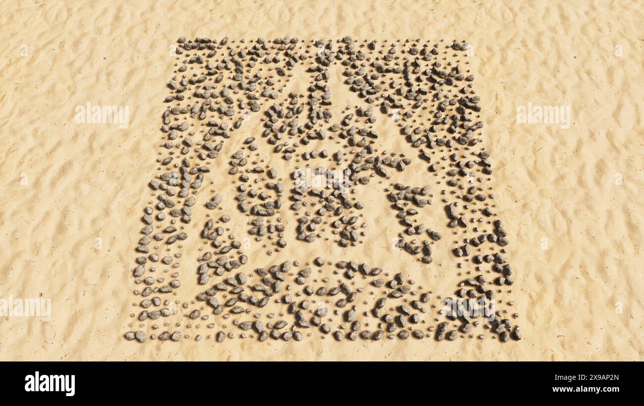 Concept conceptual stones on beach sand handmade symbol shape, golden ...
