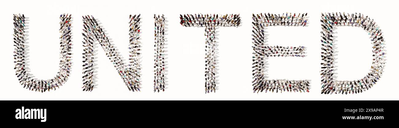 Concept conceptual large community of people forming UNITED word. 3d ...