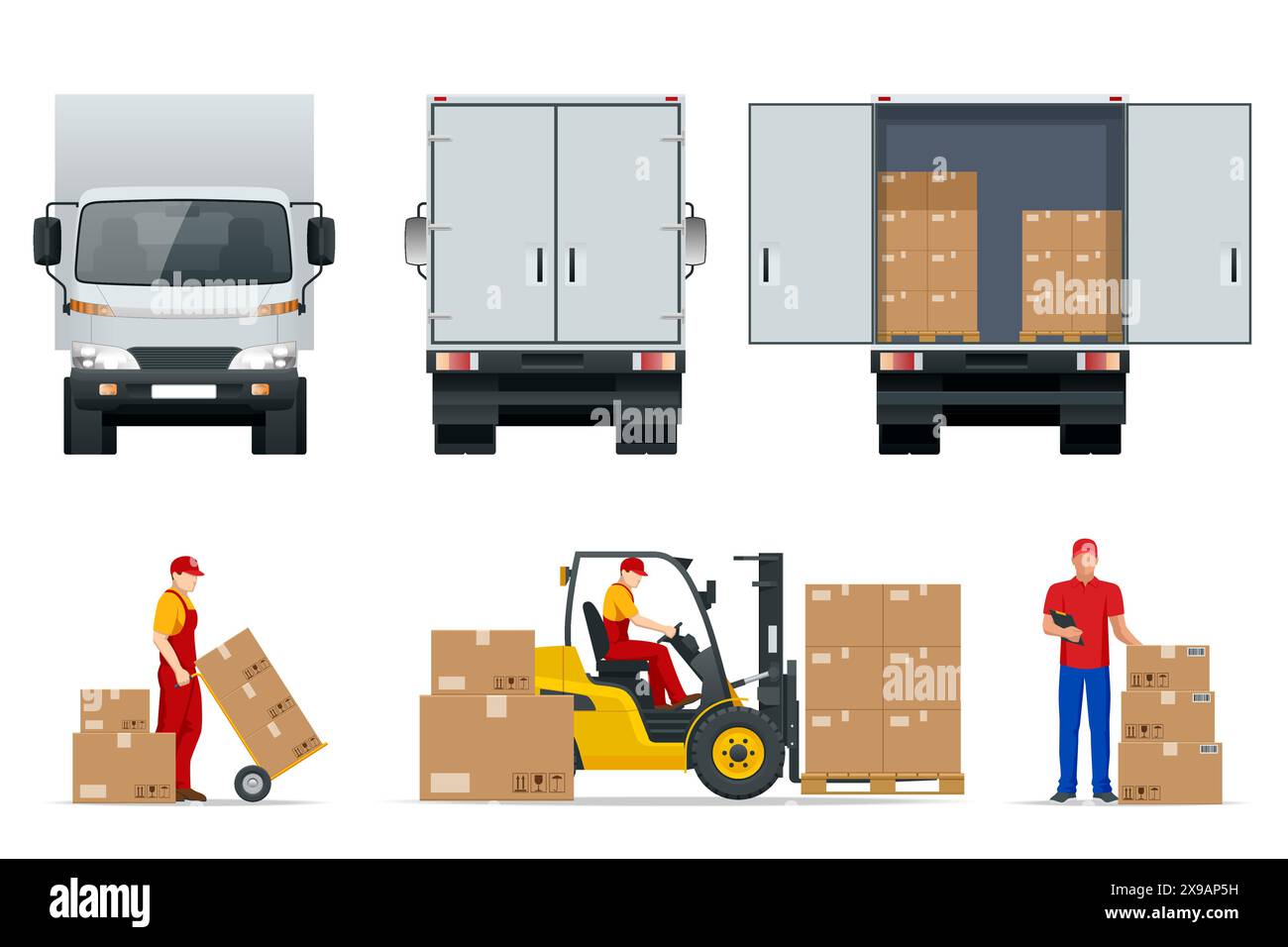 Flat truck side view, rear view. Delivery man. Boxes in a white truck ...
