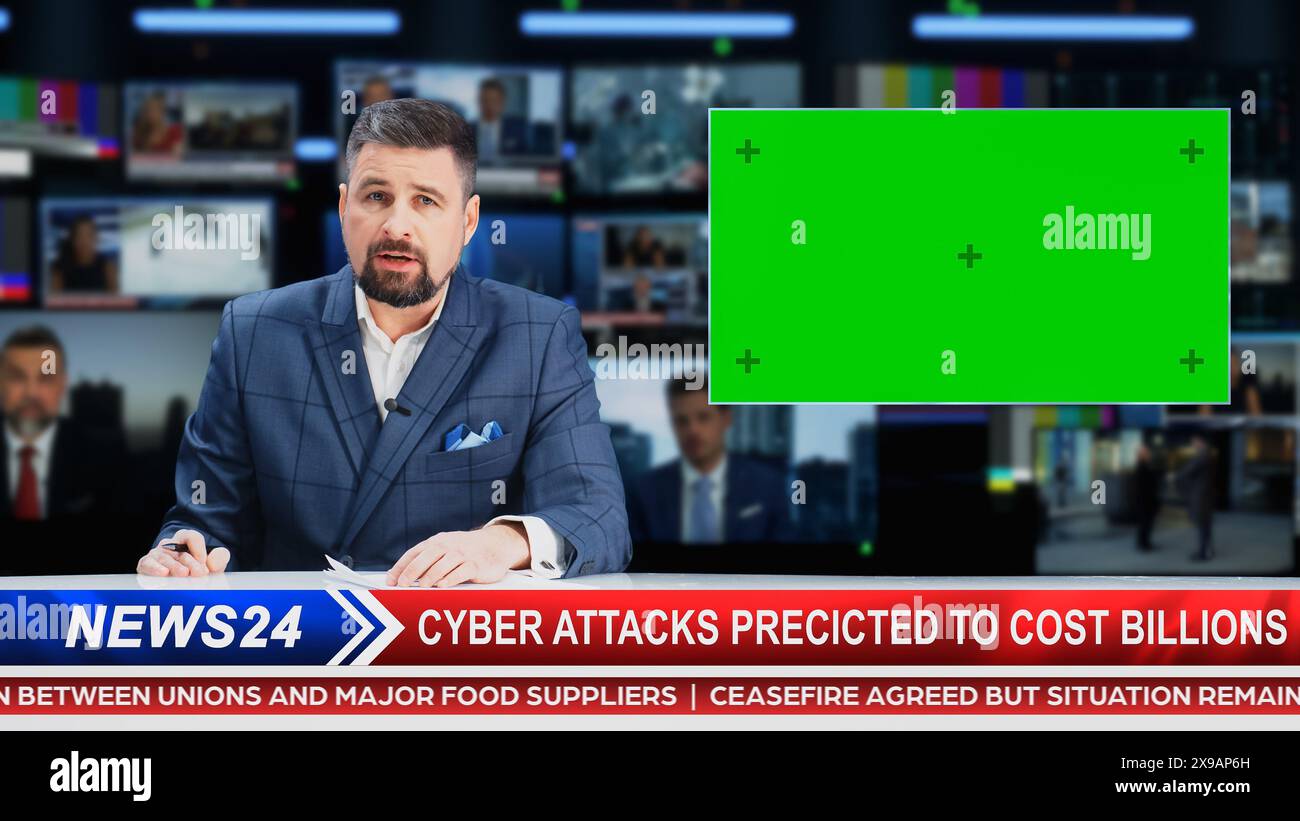 Split Screen TV News Live Report: Anchor Talks, Reporting. Reportage ...