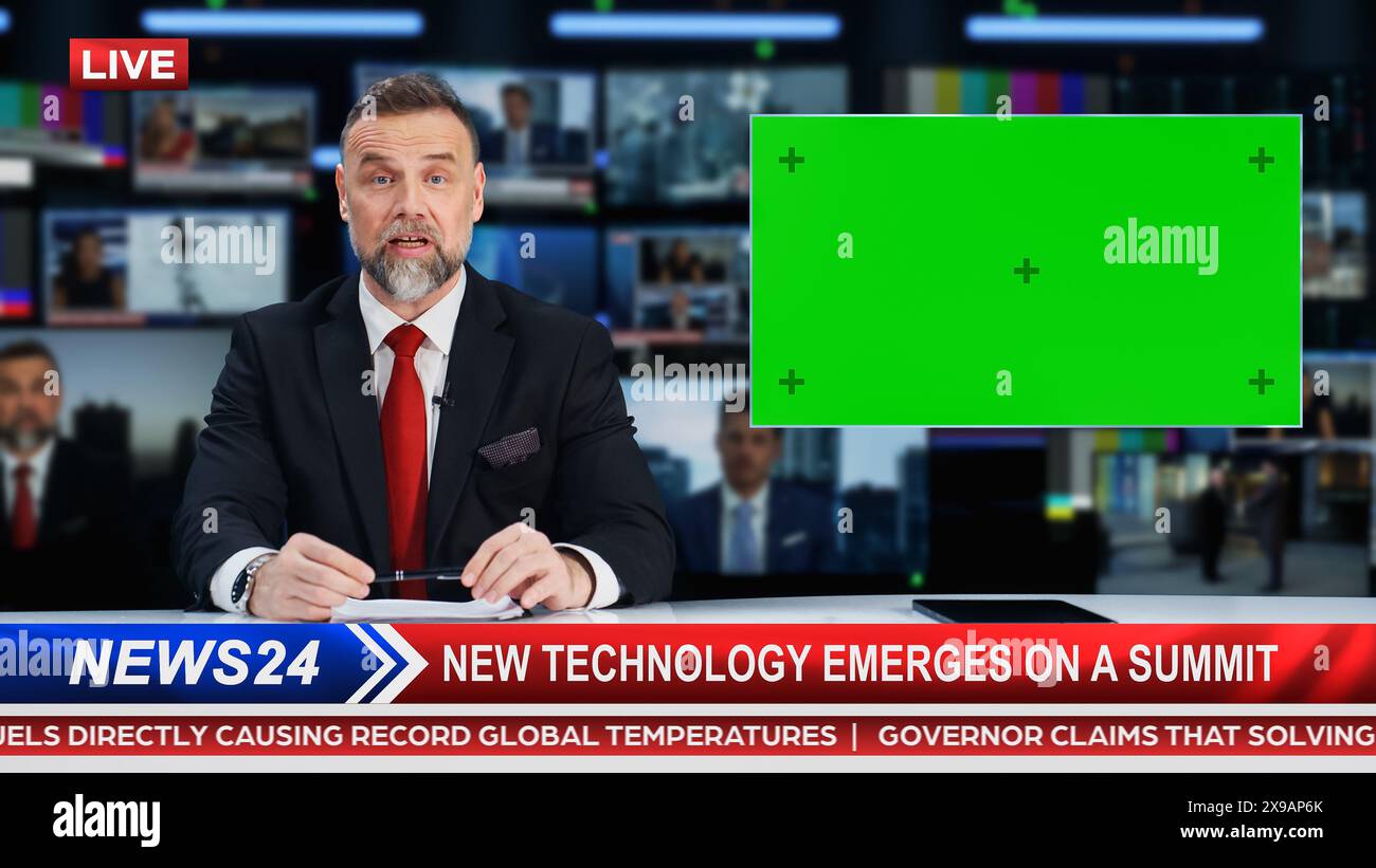 Split Screen TV News Live Report: Anchor Talks, Reporting. Reportage ...