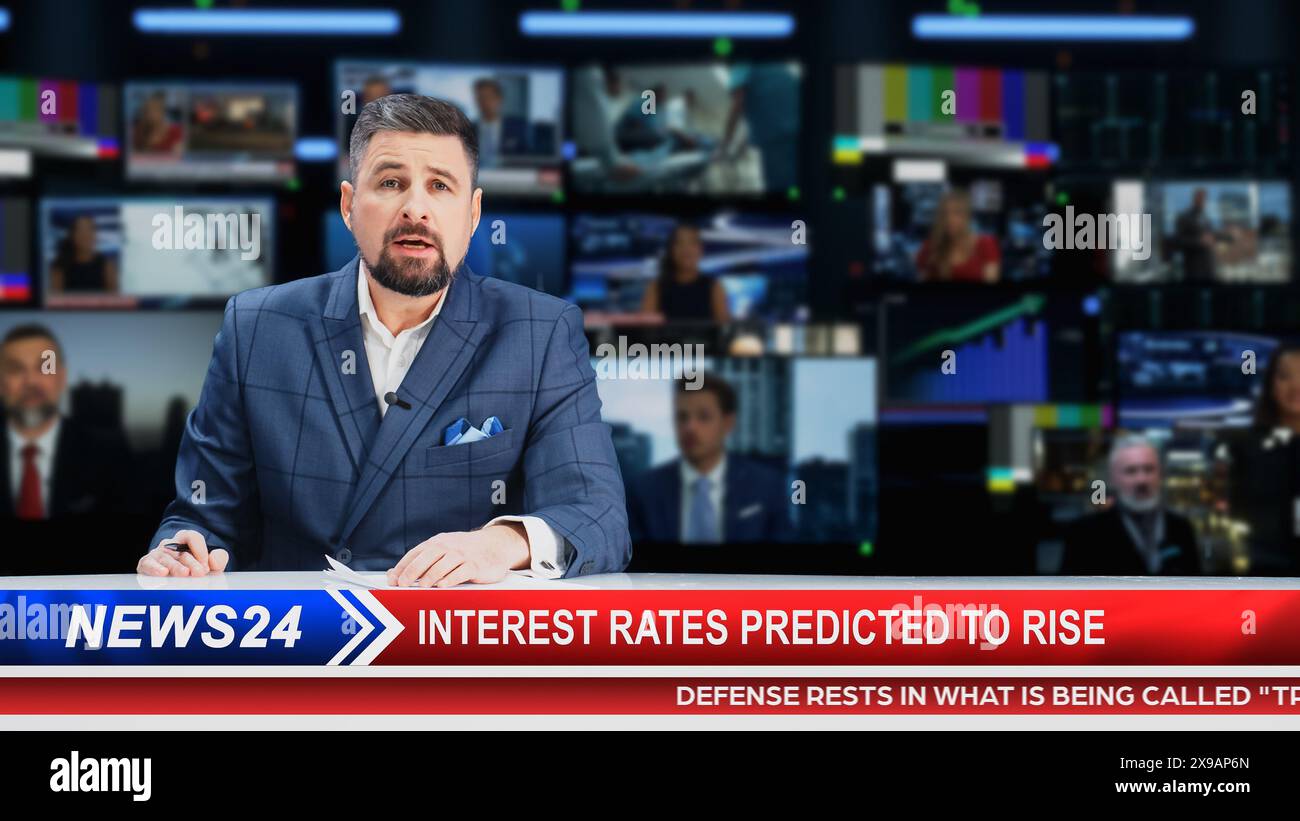 Daily News TV Program: Anchor Presenter Reporting About Economy ...