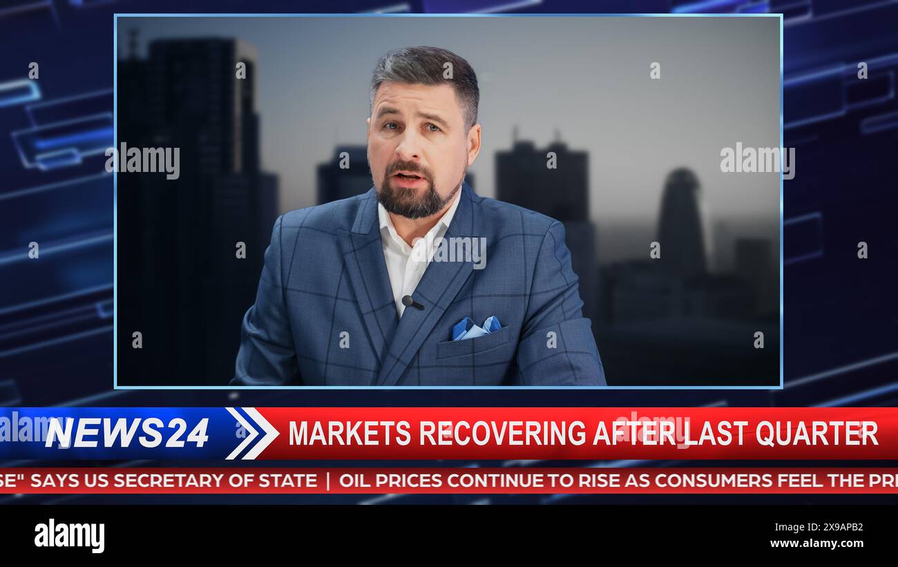 TV Live News Program: Male Presenter Reporting on News About Economy on ...