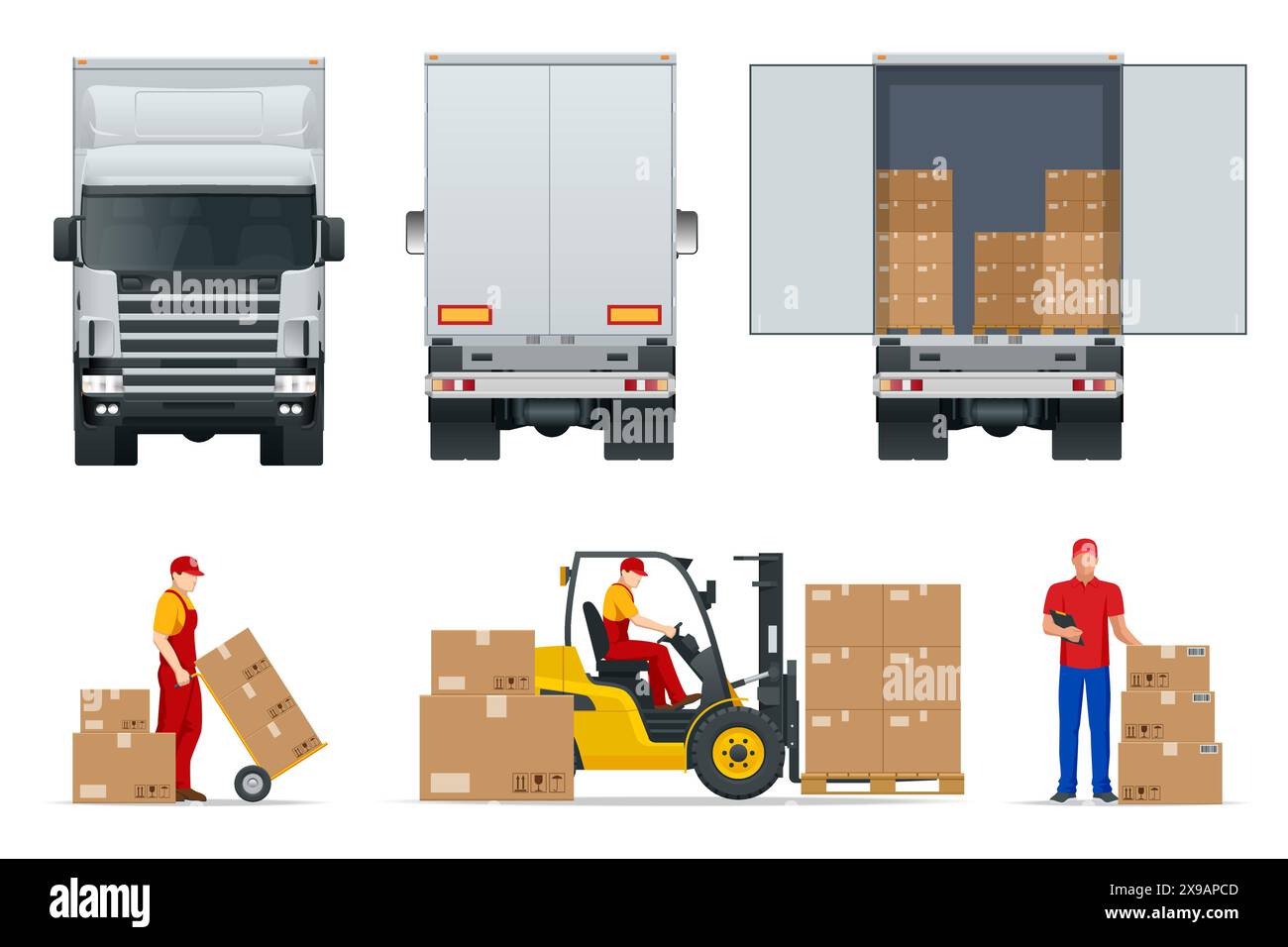 Flat truck side view, rear view. Delivery man. Boxes in a white truck ...