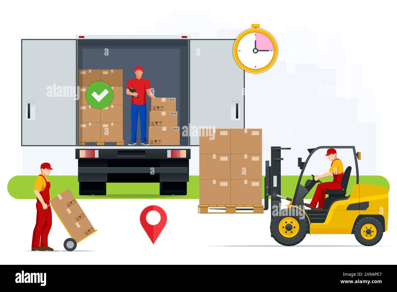 Flat truck side view, rear view. Delivery man. Boxes in a white truck ...