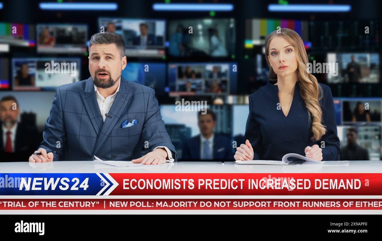 TV Live News Program: Two Presenters Reporting, Discuss Daily Events ...