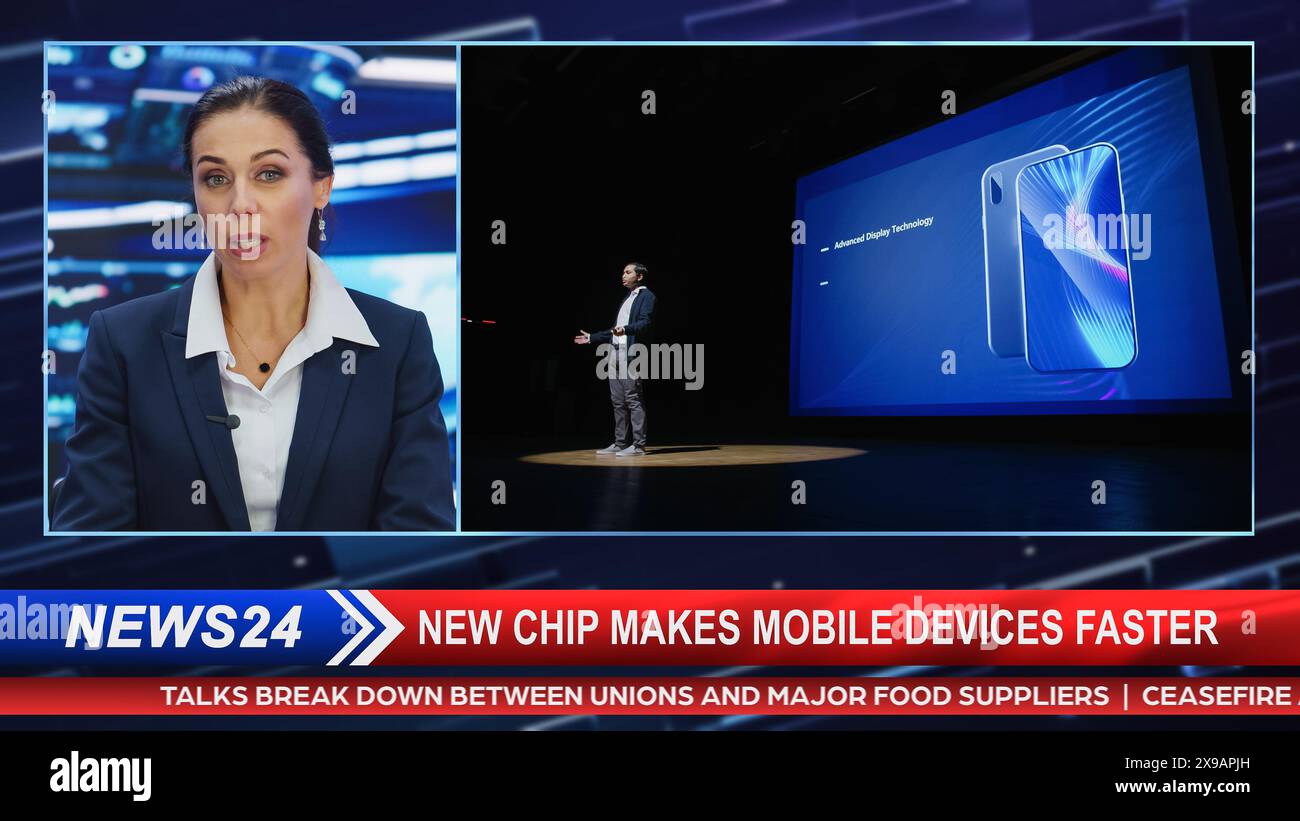 Split Screen TV News Live Report: Anchor Talks. Reportage Edit Covering ...