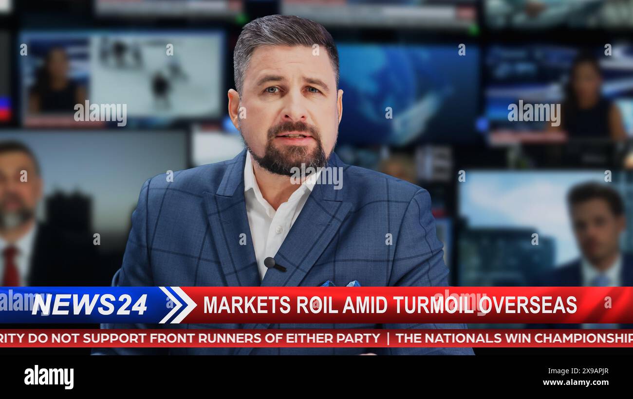 TV Live News Program: Presenter Reporting, Delivering Daily Events ...