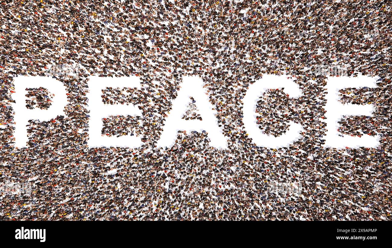 Concept conceptual large community of people forming the PEACE word. 3d ...