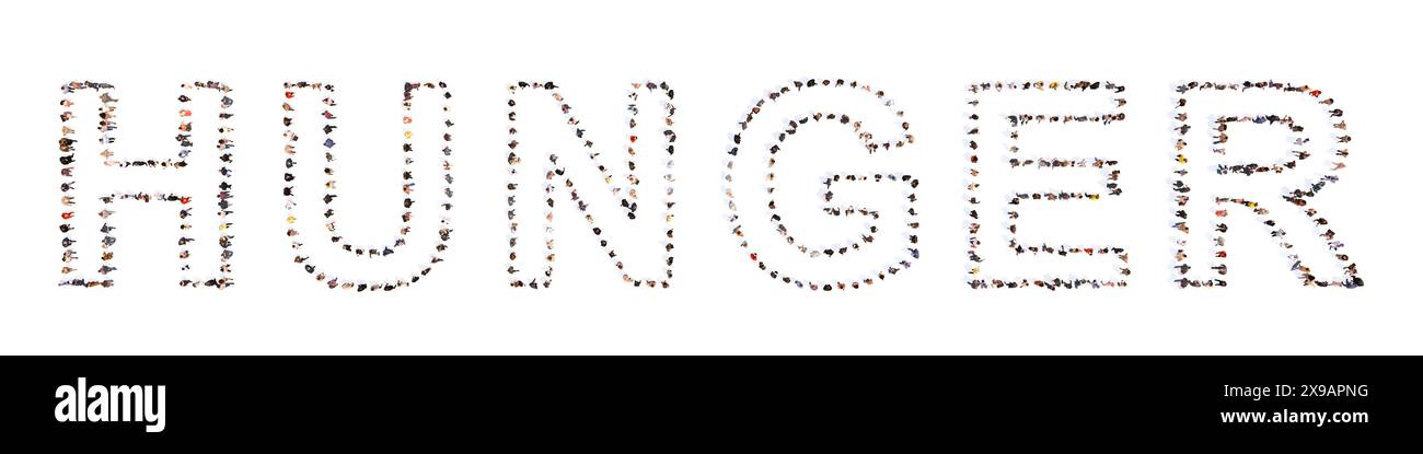 Conceptual large community of people forming the word HUNGER. 3d ...