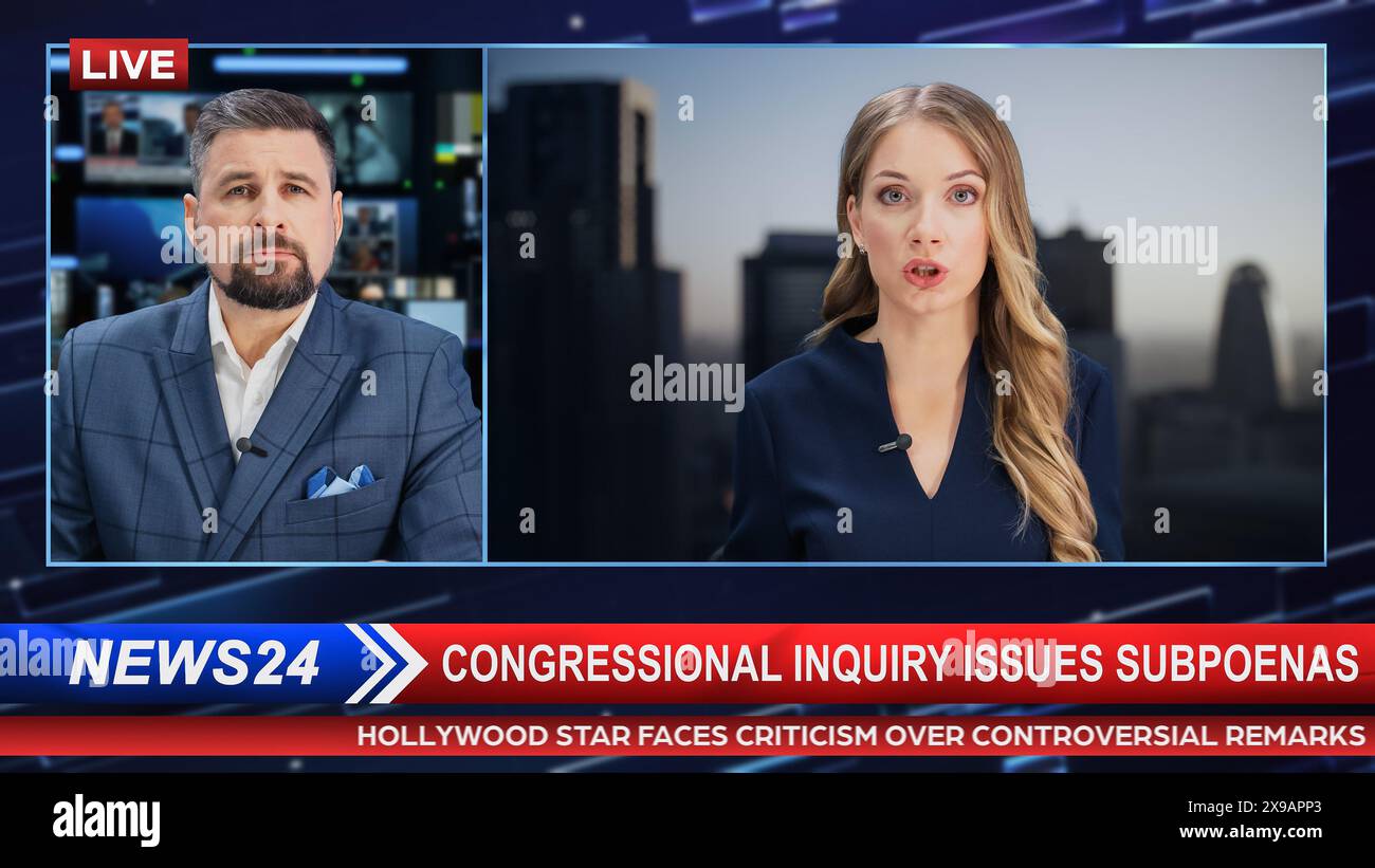 Split Screen: Two Anchors Talking TV Live News Segment. Presenters Discuss Business, Economy ...