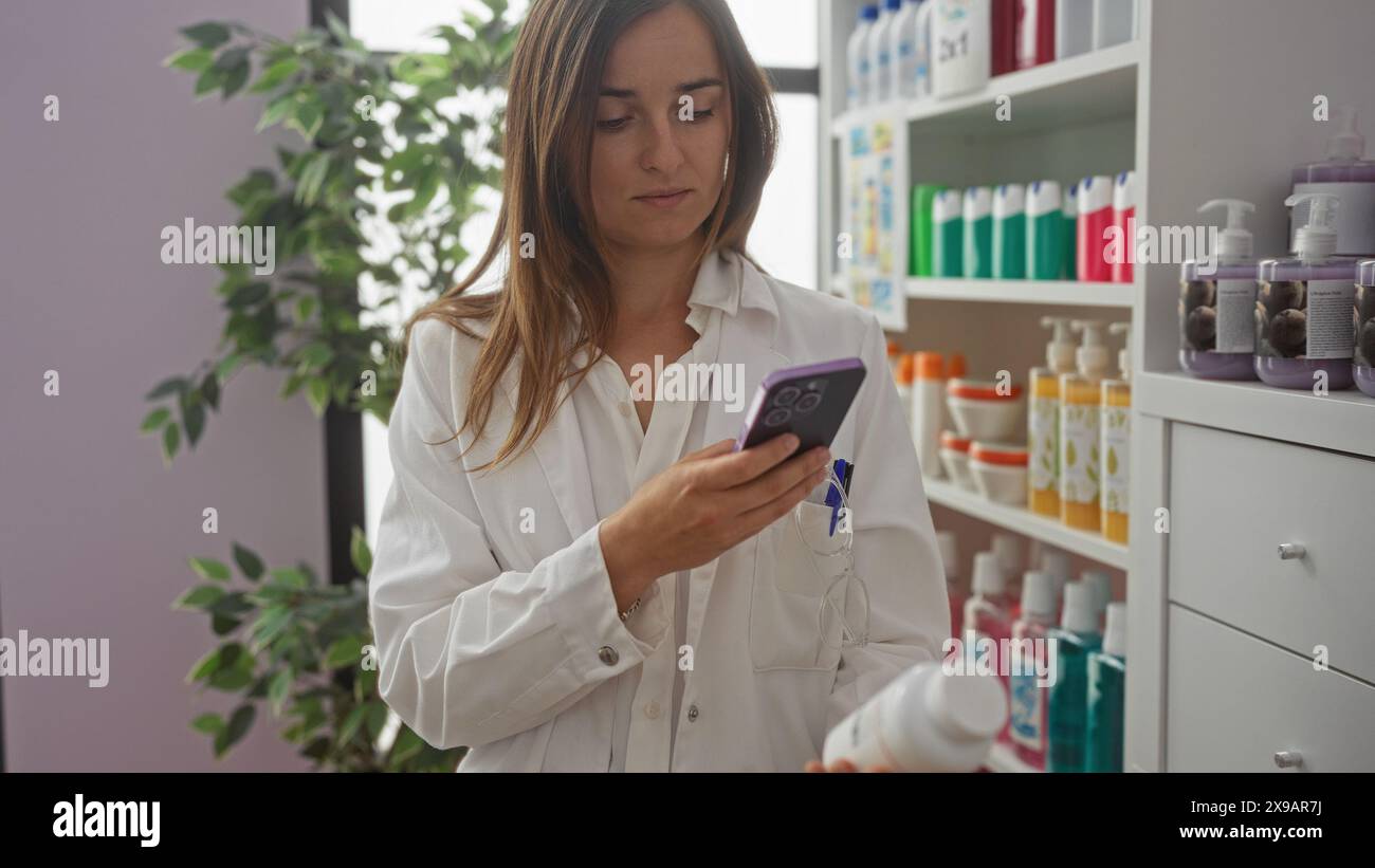 Young woman in a pharmacy taking a photo of a pill bottle with her ...