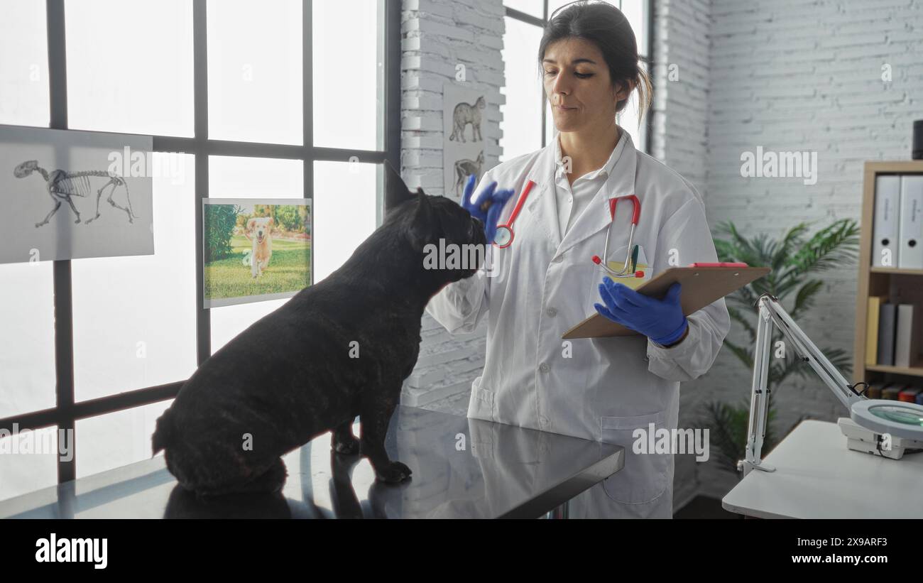 A young hispanic woman veterinarian in a clinic examines a french ...