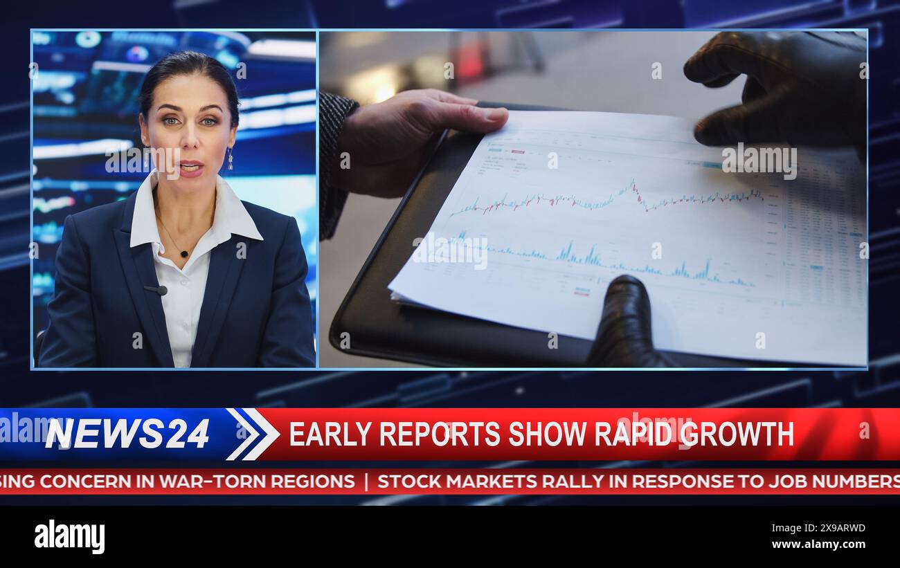 Split Screen TV News Live Report: Anchor Talks. Reportage Edit: Real ...