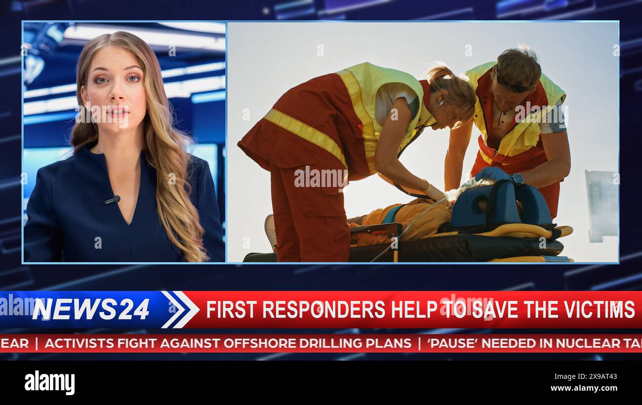 Breaking TV News Live Report: Anchor Talks. Split Screen Edit: Rescue ...