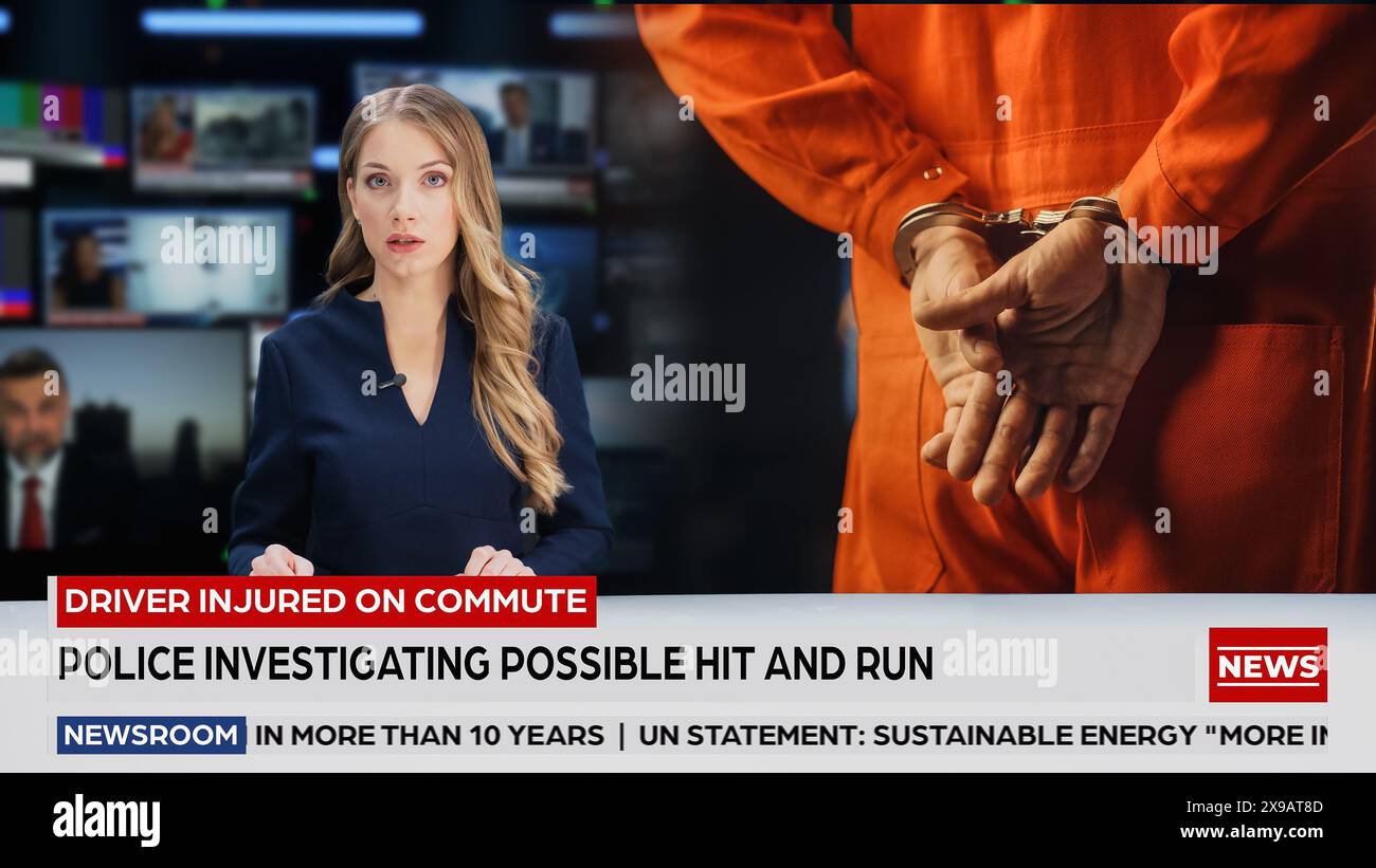 Split Screen TV News Live Report: Anchorwoman Talks. Reportage Edit ...