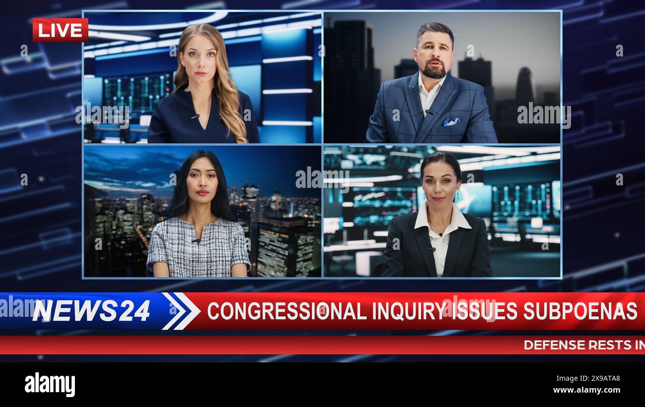 Split Screen TV: Four News Anchors Talking. TV Live News Segment ...