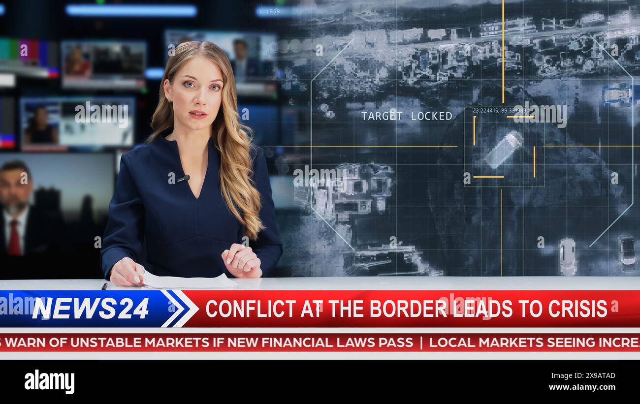 Split Screen Edit of TV News Live Report: Anchorwoman Talks about Story ...