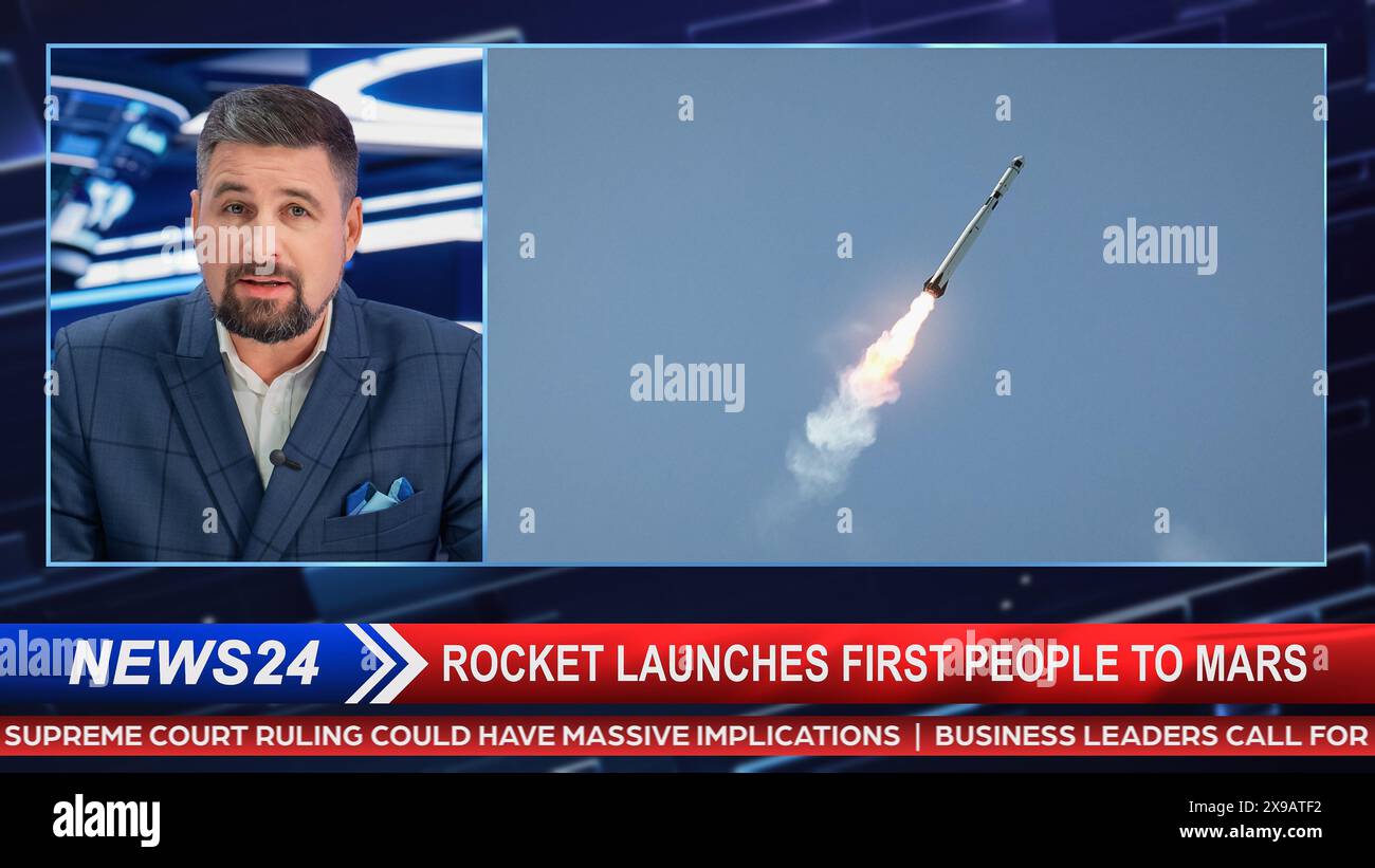 Split Screen TV News Live Report: Anchor Talks. Reportage Edit: Space ...