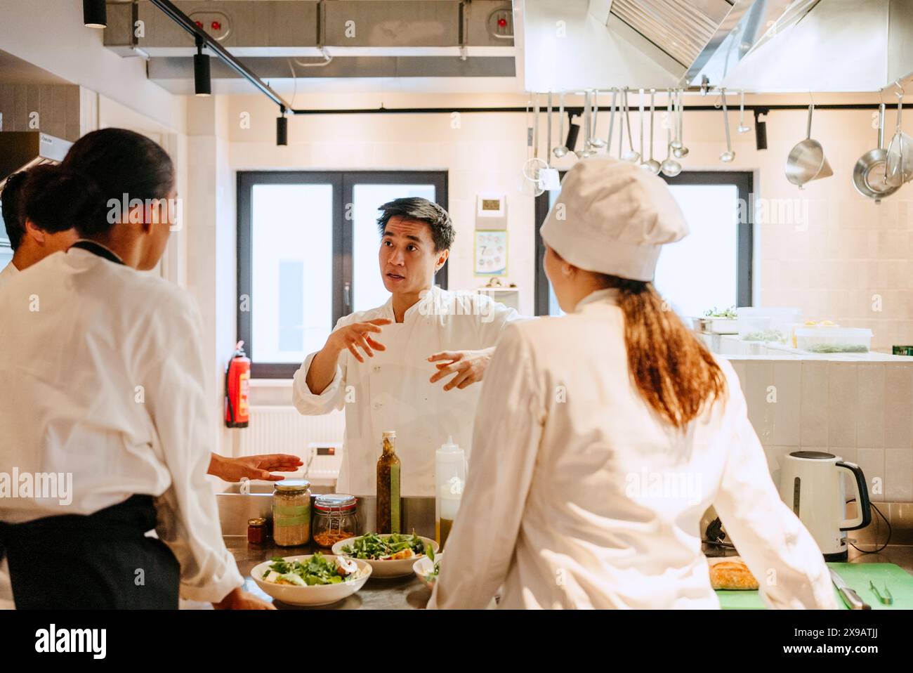 Male chef explaining to coworkers while standing in commercial kitchen ...