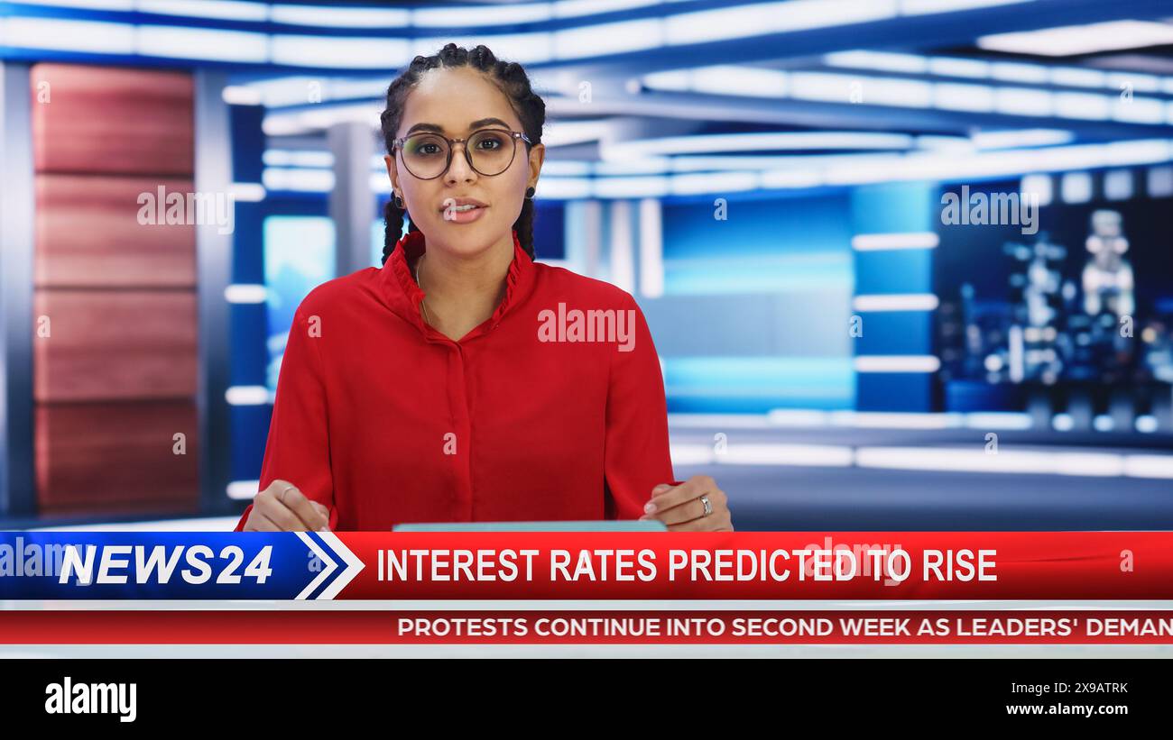 TV Live News Program with Professional Female Presenter Reporting ...