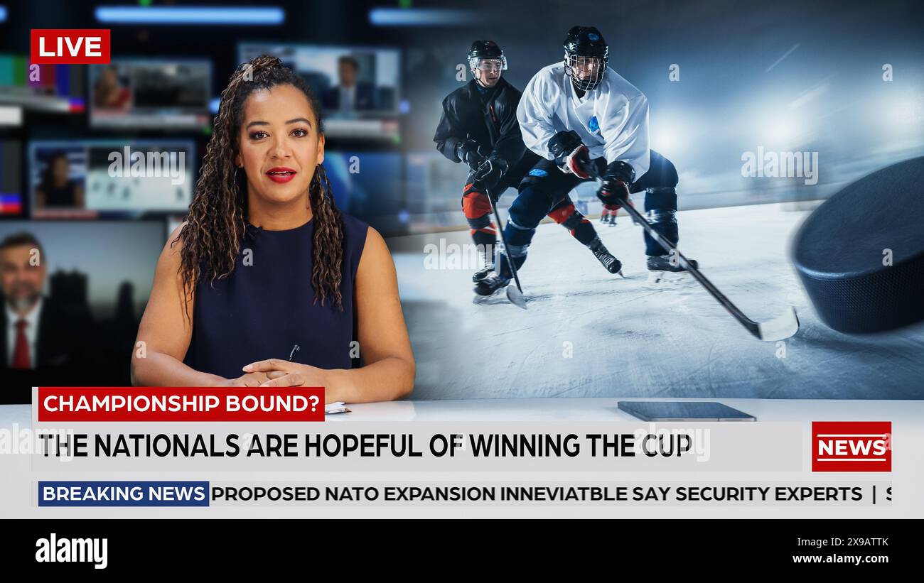 Split Screen TV News Live Report: Anchorwoman Talks. Reportage Montage: Photo of Poster ...