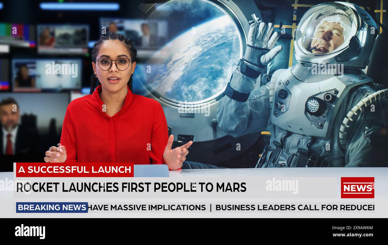 Split Screen TV News Live Report: Anchor Talks. Reportage Edit: Space ...