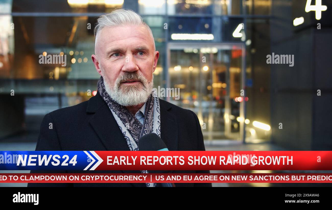 TV News Live Reportage: Presenter uses Microphone and Talks. Anchorman ...