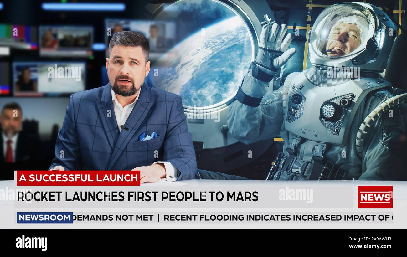 Split Screen TV News Live Report: Anchor Talks. Reportage Edit: Space ...