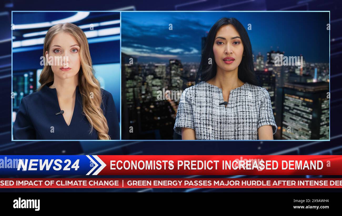 Split Screen TV: Two Female Anchors Talking Live News. Presenters ...