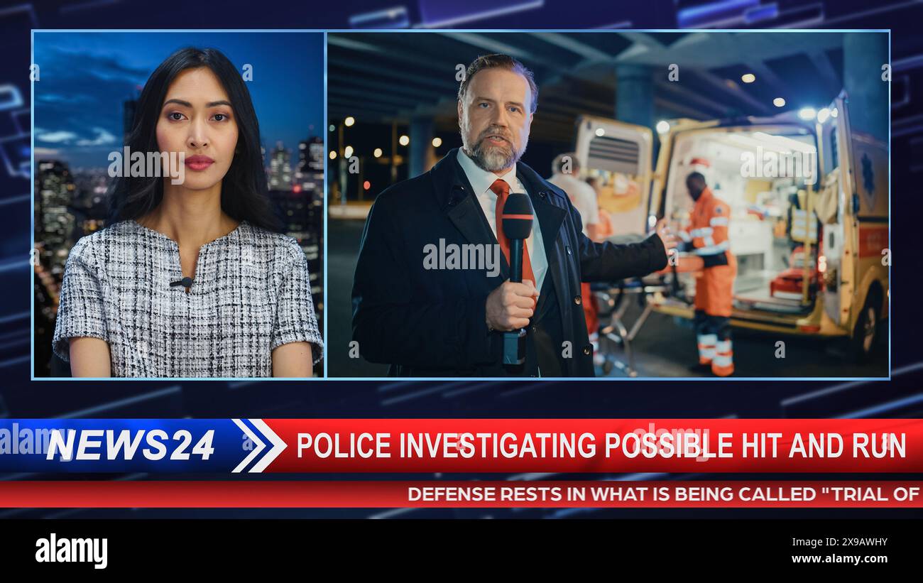 Split Screen Edit of Breaking TV News Live Report: Studio Anchorwoman ...