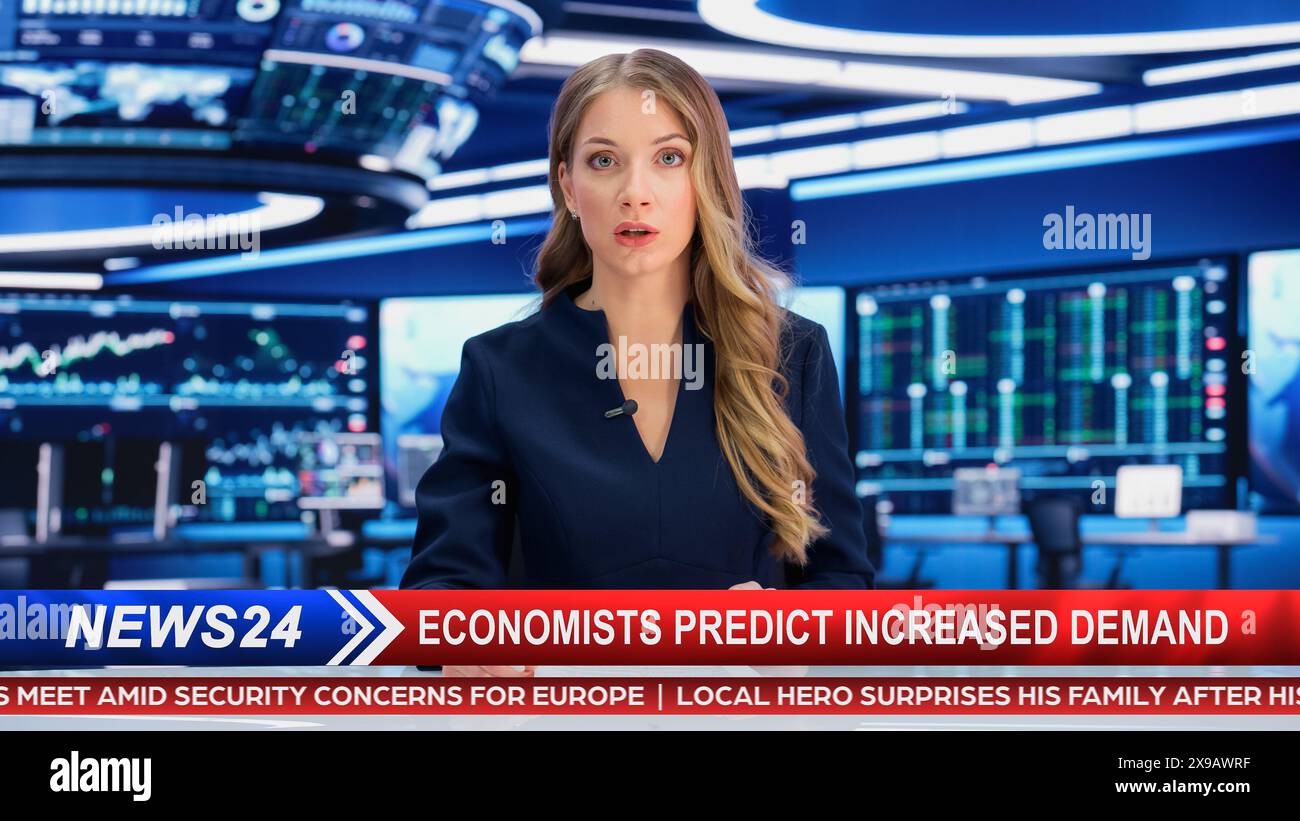 TV Live News Program with Professional Female Presenter Reporting ...