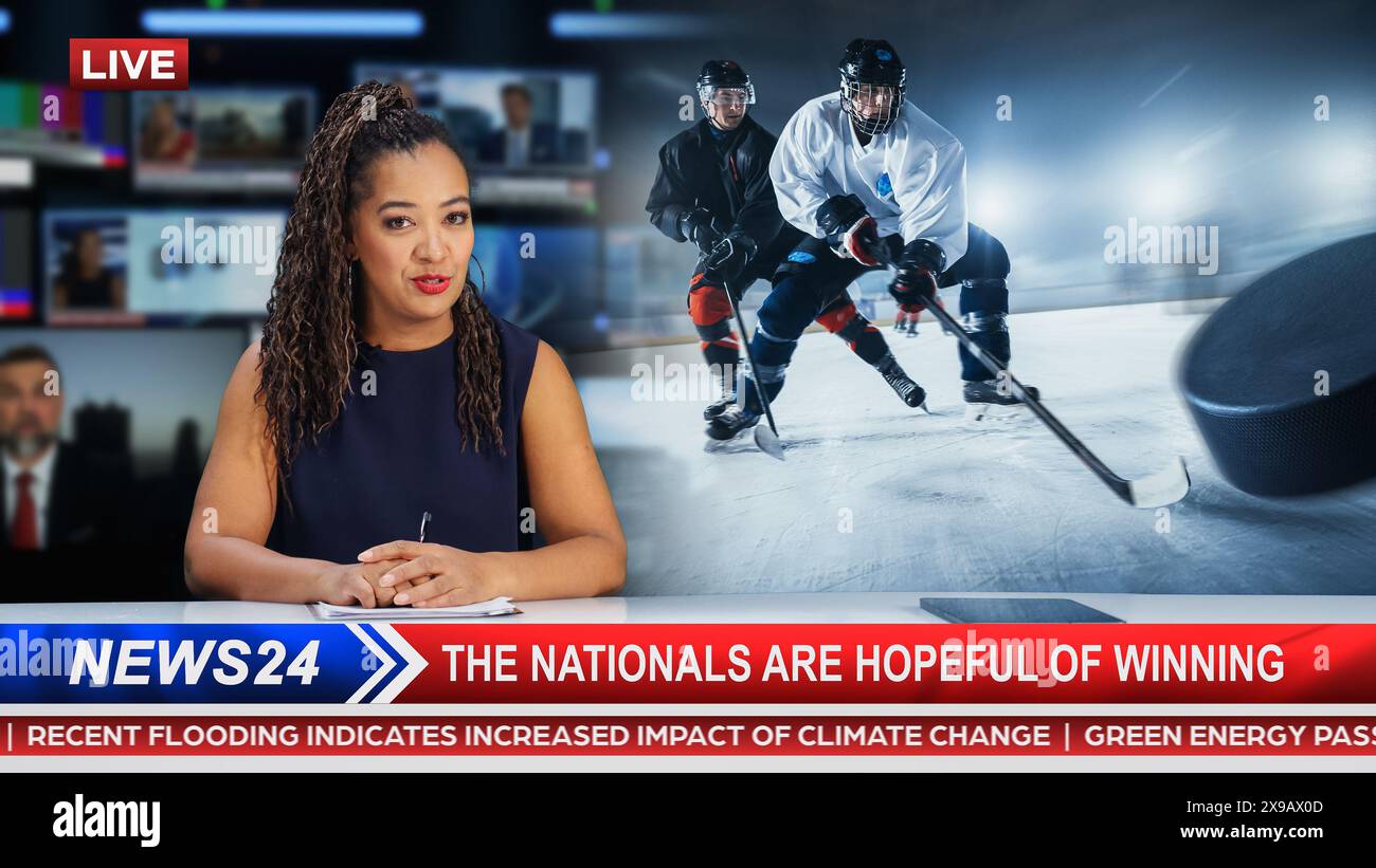 Split Screen TV News Live Report: Anchorwoman Talks. Reportage Edit ...