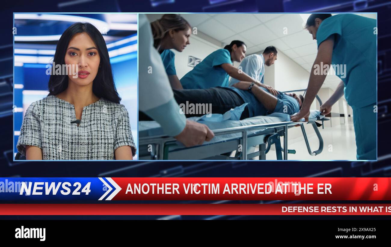 Breaking TV News Live Report. Split Screen Edit: Anchorwoman Talks ...