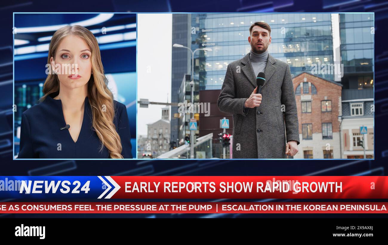 Split Screen TV News Live Report: Anchorwoman Talks. Reporter Doing ...