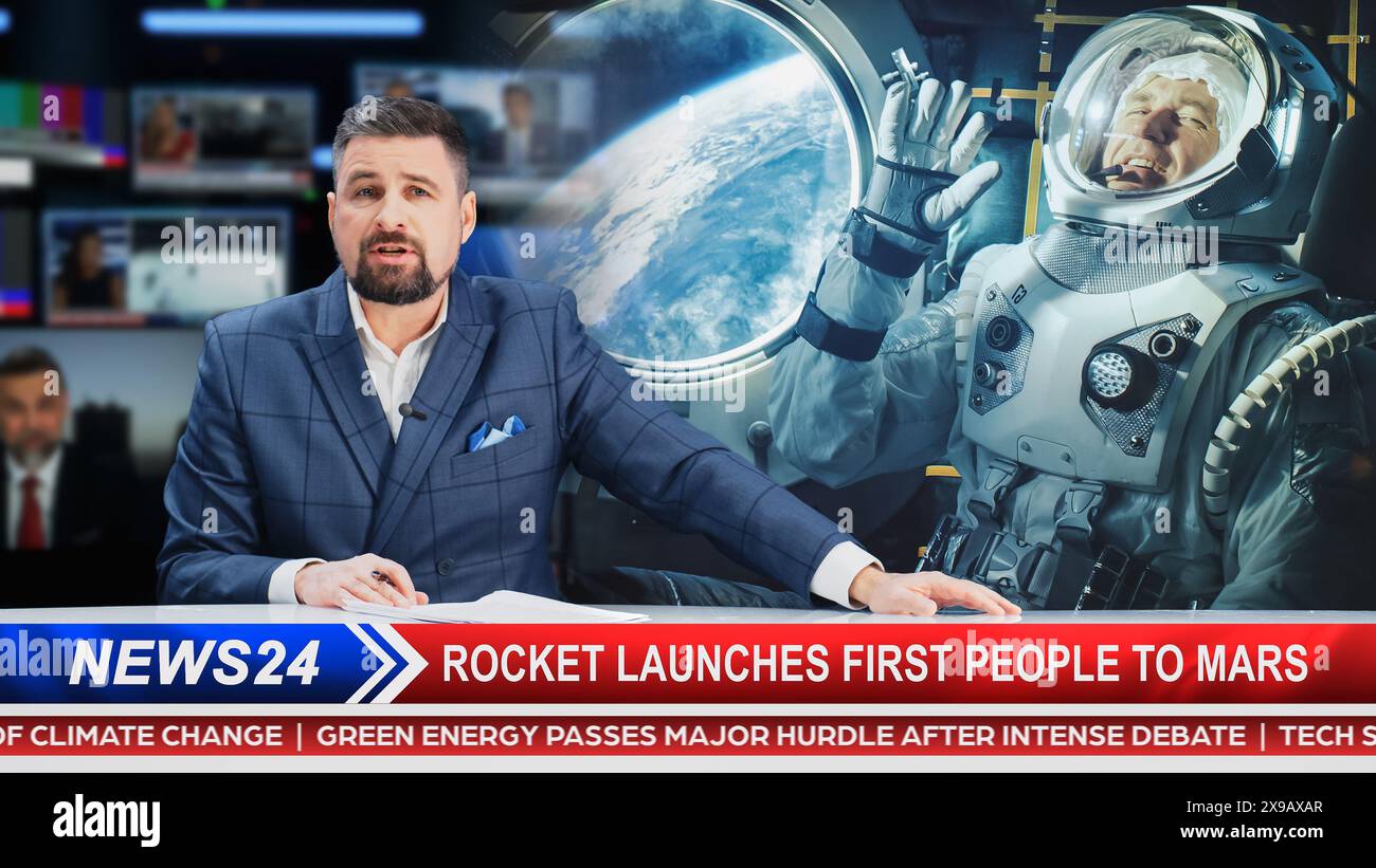 Split Screen TV News Live Report: Anchor Talks. Reportage Edit: Space ...