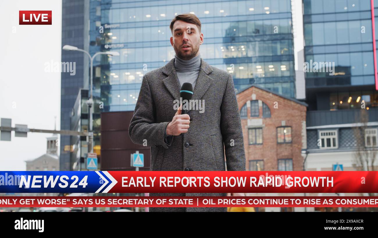 TV News Live Reportage: Presenter Holding Microphone Talking while City ...
