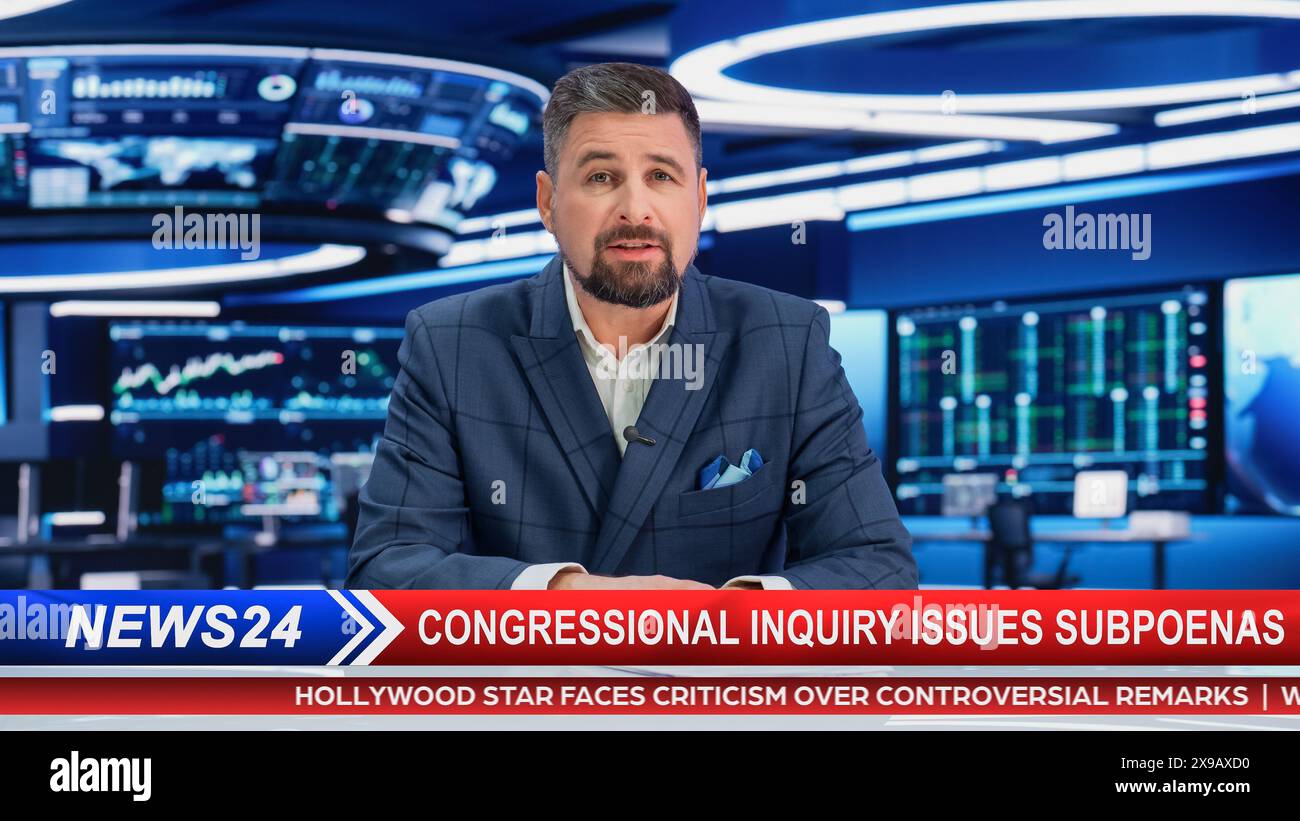 Daily News TV Program: Anchor Presenter Reporting About Politics ...