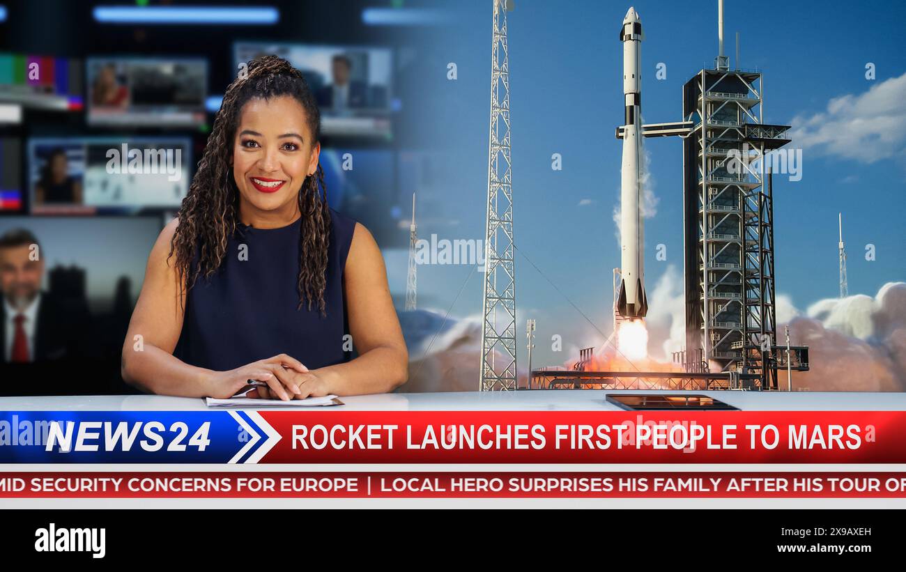 Split Screen TV News Live Report: Anchor Talks. Reportage Edit: Space ...